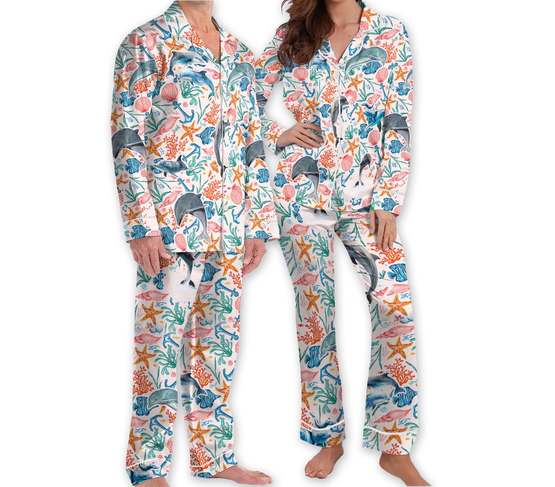 Cute Dolphin Holiday Pajamas, Marine Biologist Beach Hawaiian Pjs ...