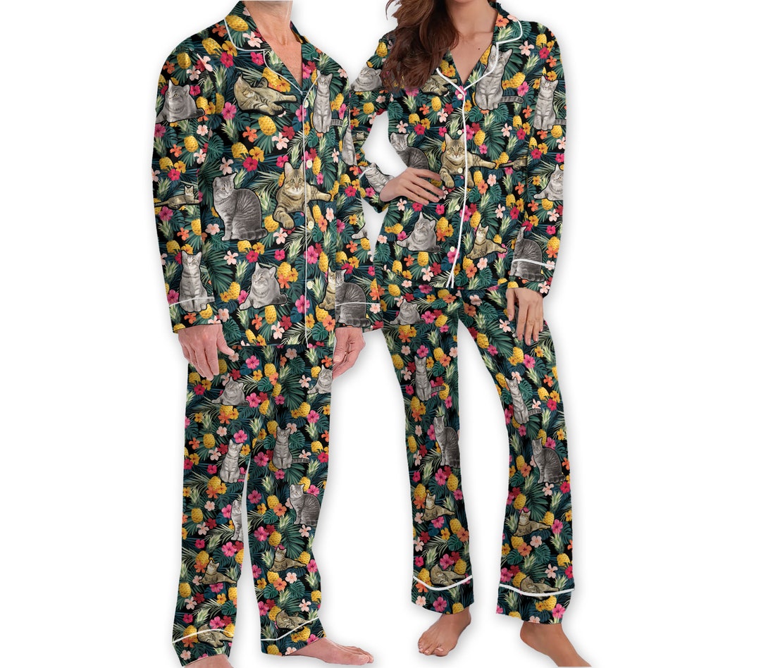 Cute Animal Hawaiian Pineapple Pajamas Cat Lover Family Matching, Cat ...