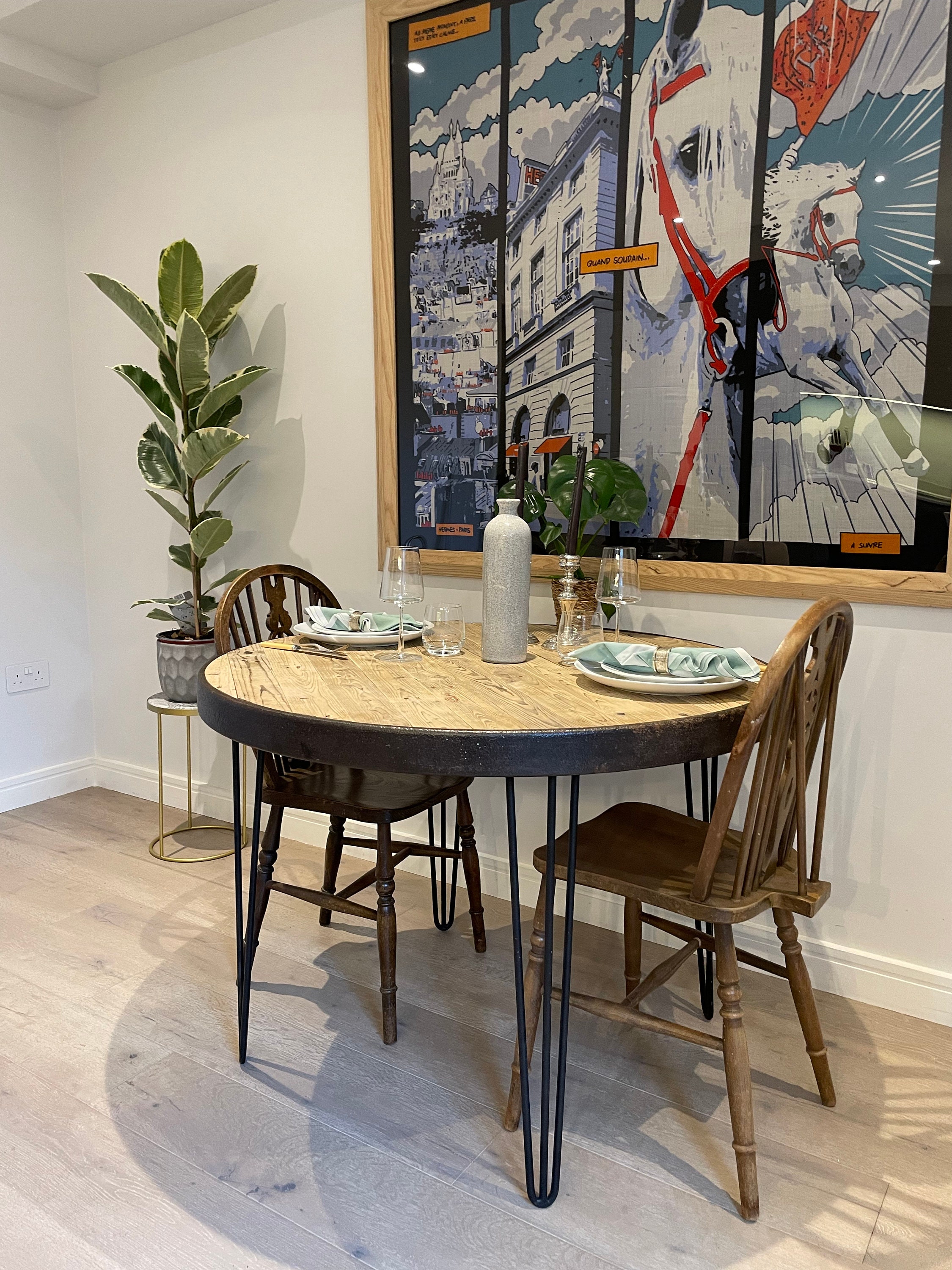 Round Dining Table With Antique Iron Cart-wheel Surround, Handmade With ...