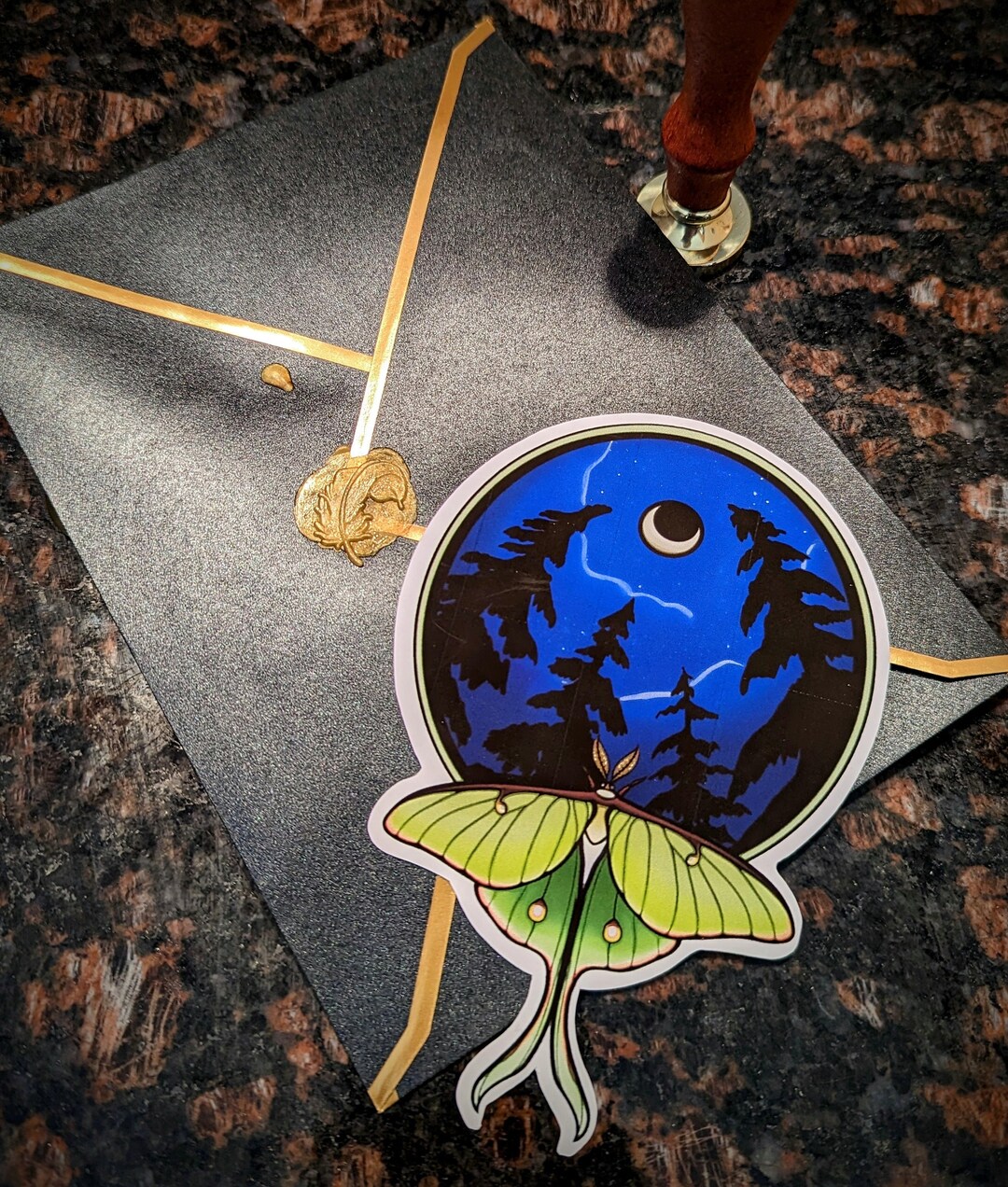 LUNA MOTH and Moon Vinyl Sticker Whimsical Art Starry Night Sky in the ...