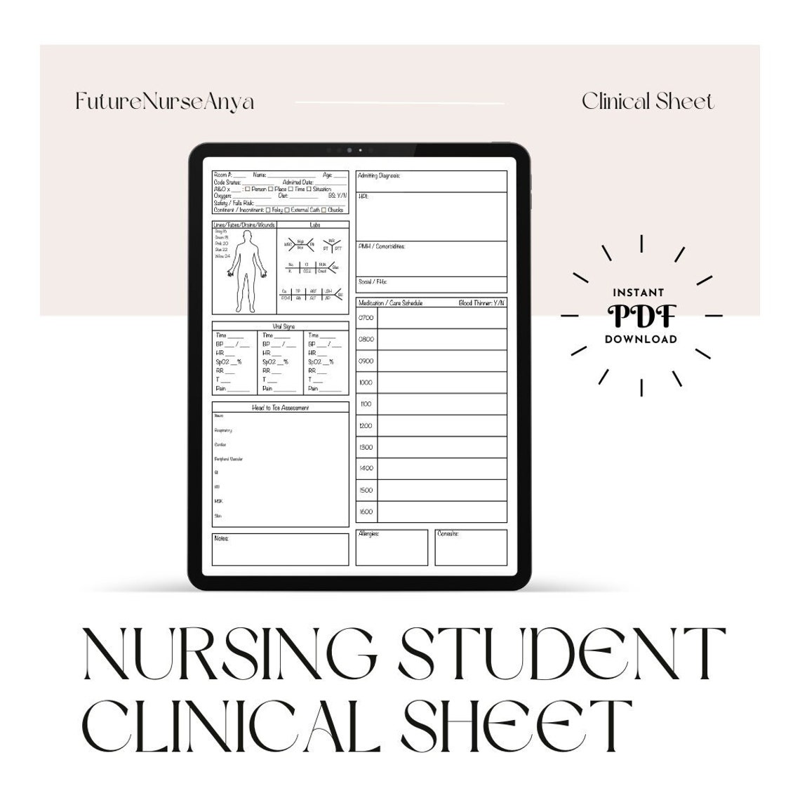 Nursing Student Clinical Sheet Template PDF DOWNLOAD - Etsy