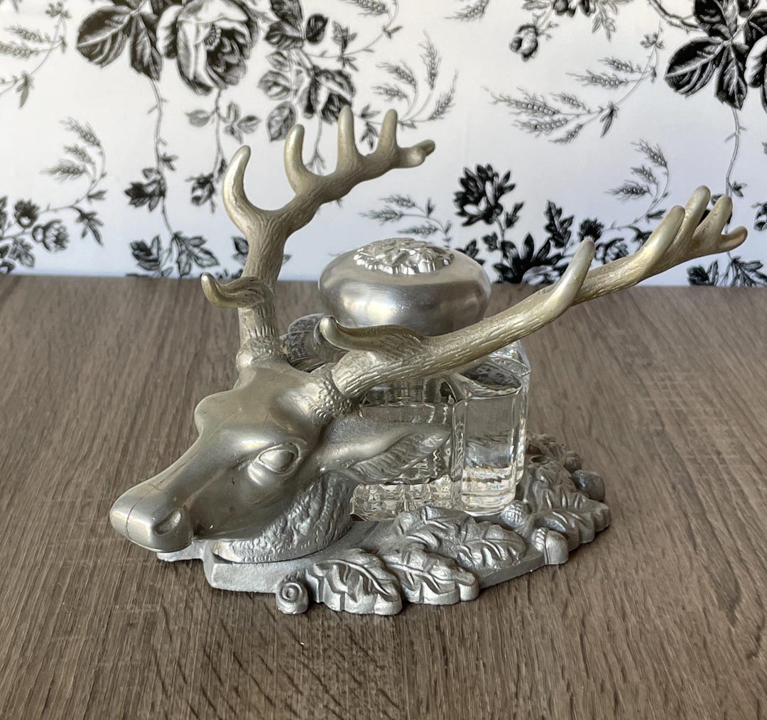 Antique Cast Aluminum Stag Elk Head Inkwell Holder With Heavy Glass ...