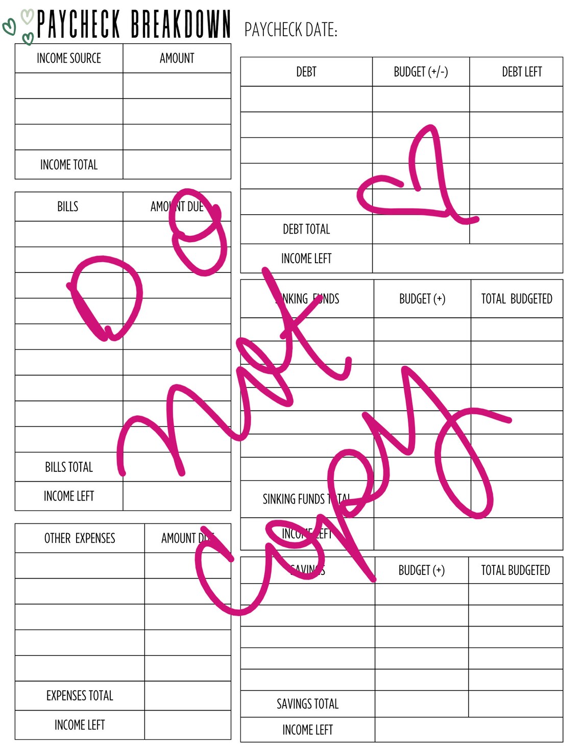 PACK OF 4 Paycheck Breakdown Sheet-paycheck Budget Tracker-cash ...