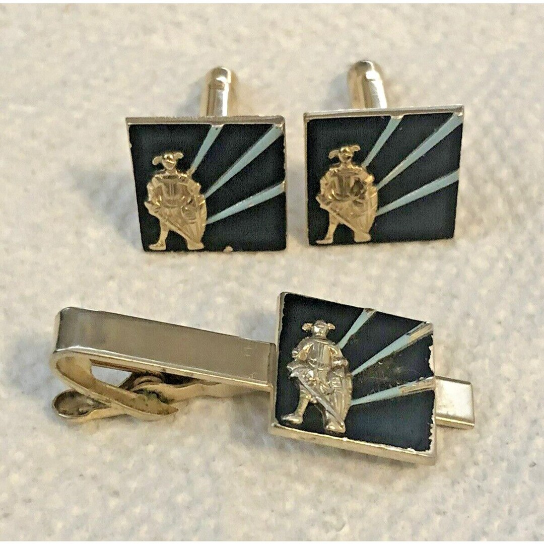 Vintage Black CUFFLINKS and Tie Clasp Tac Bar Knight Shining Armour ...