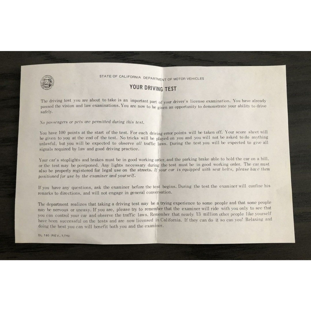 RARE Vintage California DMV Drivers Test Instructions Rev. July 1975 ...