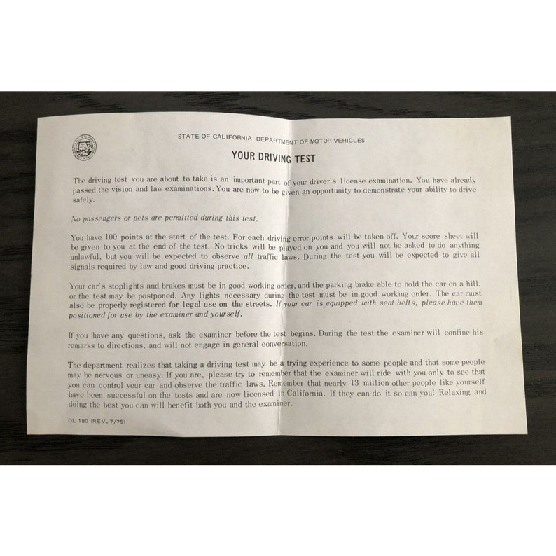 RARE Vintage California DMV Drivers Test Instructions Rev. July 1975 ...