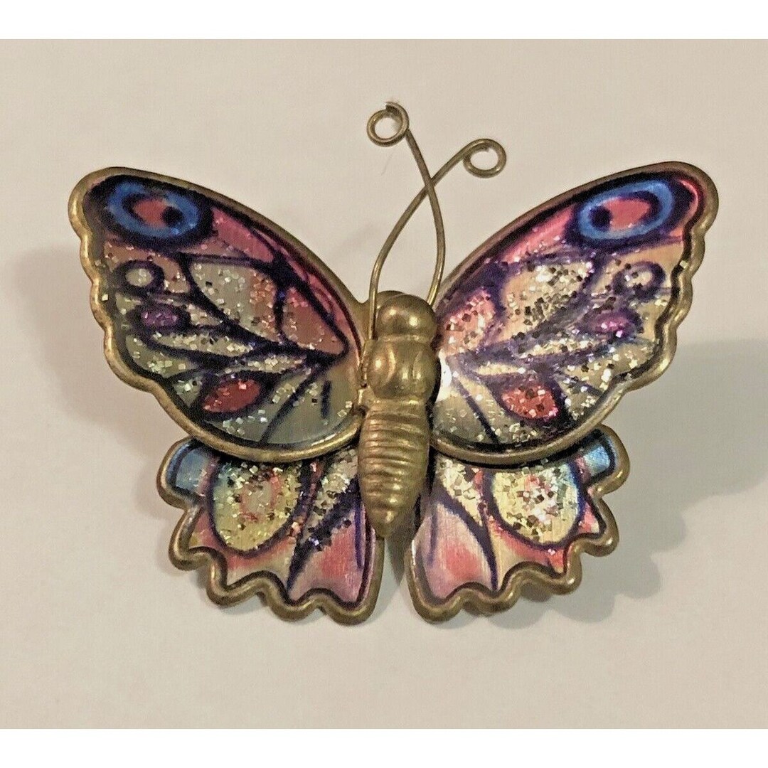 Glitter Enamel Articulated Riveted Butterfly Brooch Pin Womens Gold ...