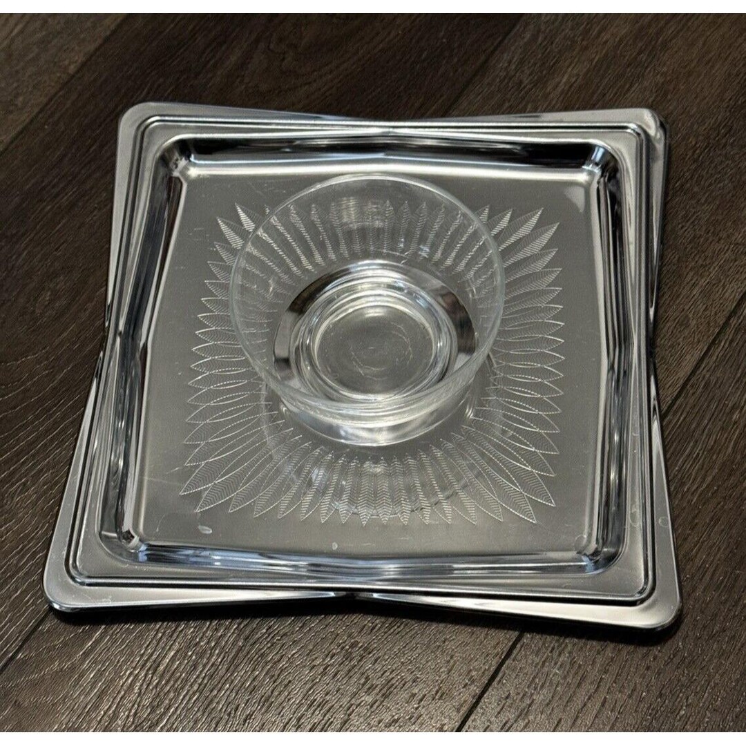 Vintage Hellerware Polished Chromium Serving Tray W/ Glass Bowl USA ...