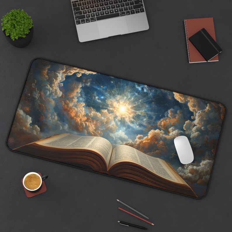 Open Bible With Radiant Sky Desk Mat | Mystical Literature Mousepad - Etsy