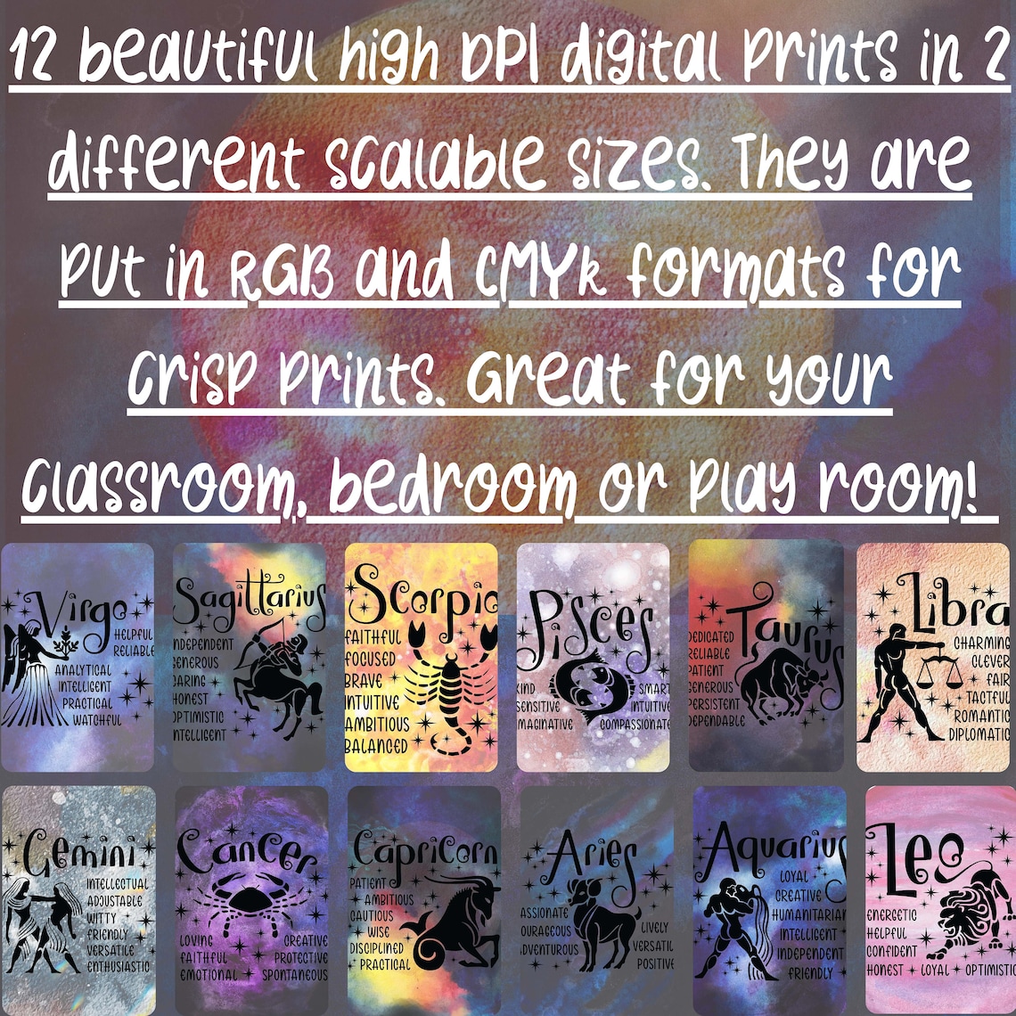 12pc Horoscope Print Set Zodiac Printable Gifts Astrology Digital ...