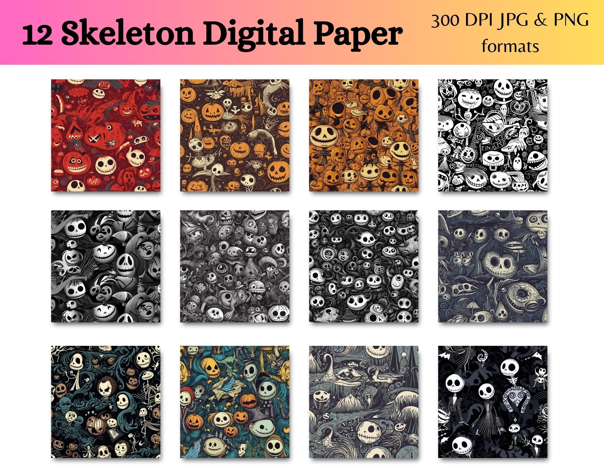 Tim Burton Inspired Skeleton Digital Paper- High-quality Seamless ...