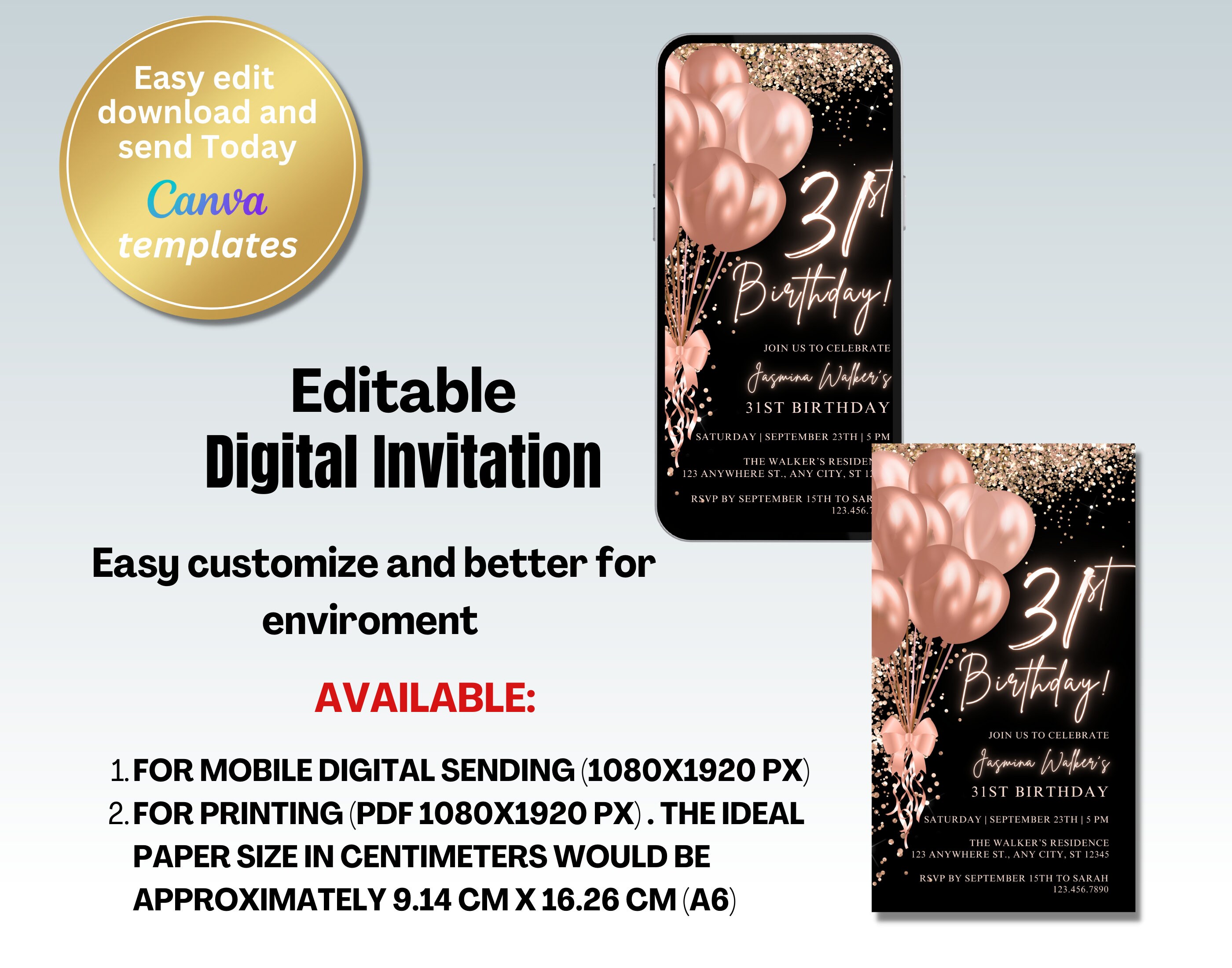 Digital 31st Birthday Party Invitation Black Rose Gold Phone - Etsy