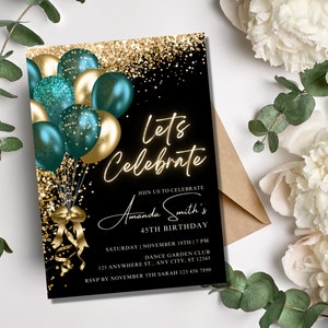 Editable Black Teal Gold Birthday Party Invitation, Printable 5x7 ...
