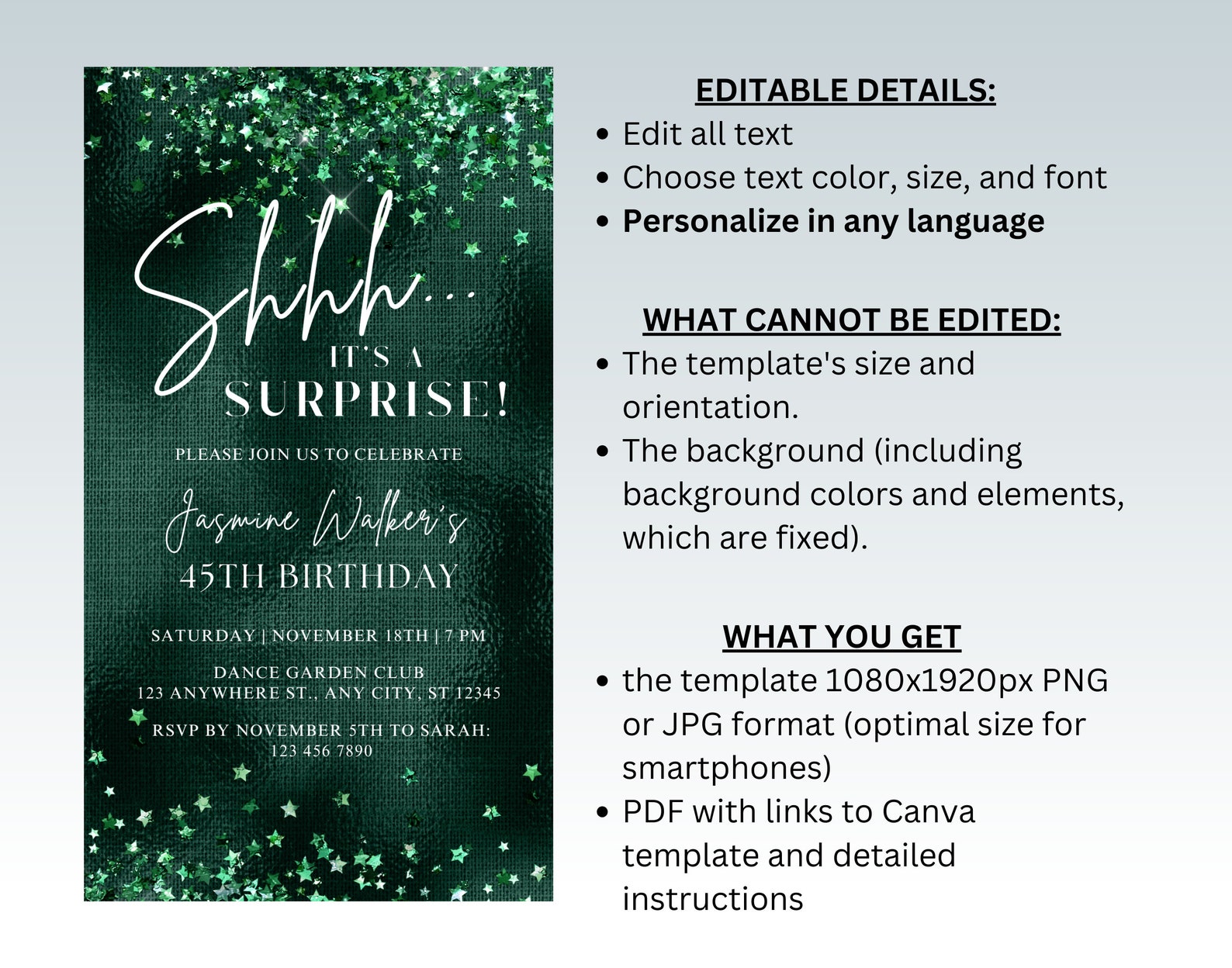 Emerald Green Surprise Birthday Invitation, Elegant Adult Party Invite ...