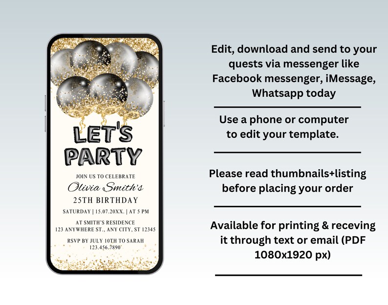 Digital Ivory Black Gold Birthday Party Invitation Black Gold - Etsy