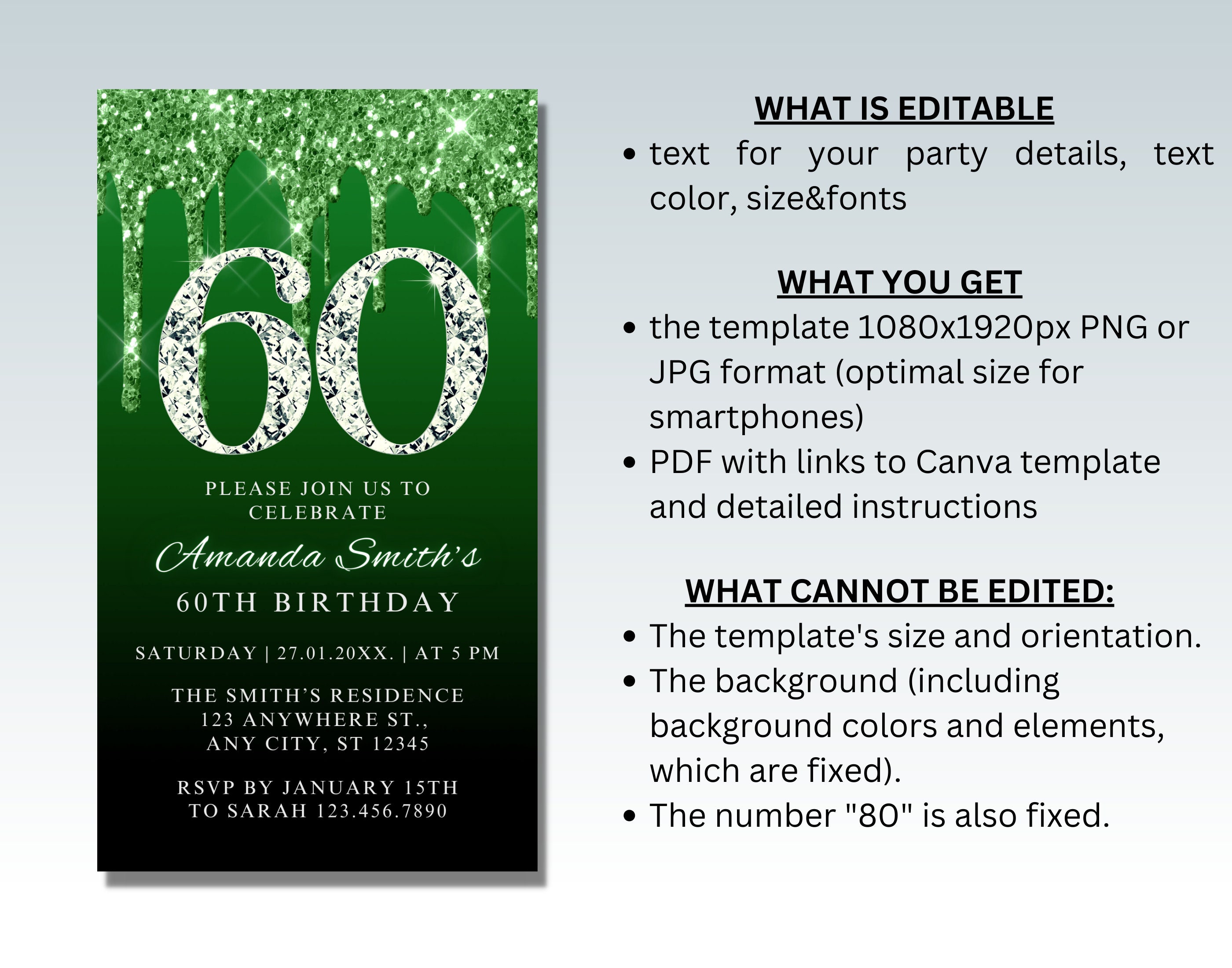 Digital 60th Birthday Party Invitation, Green, Silver Diamond, Phone ...