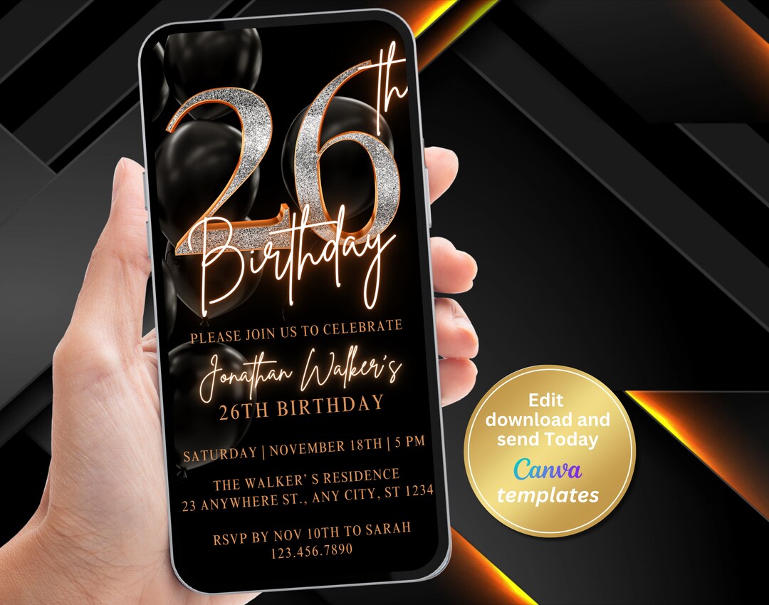 Digital 26th Birthday Invitation Template, 26th Bday Invite, Phone Text ...