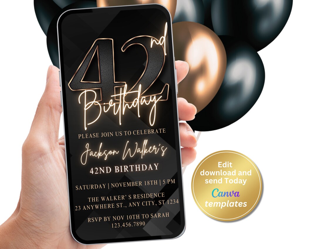 42nd Birthday Party Invitation Black Gold Number Invite for - Etsy
