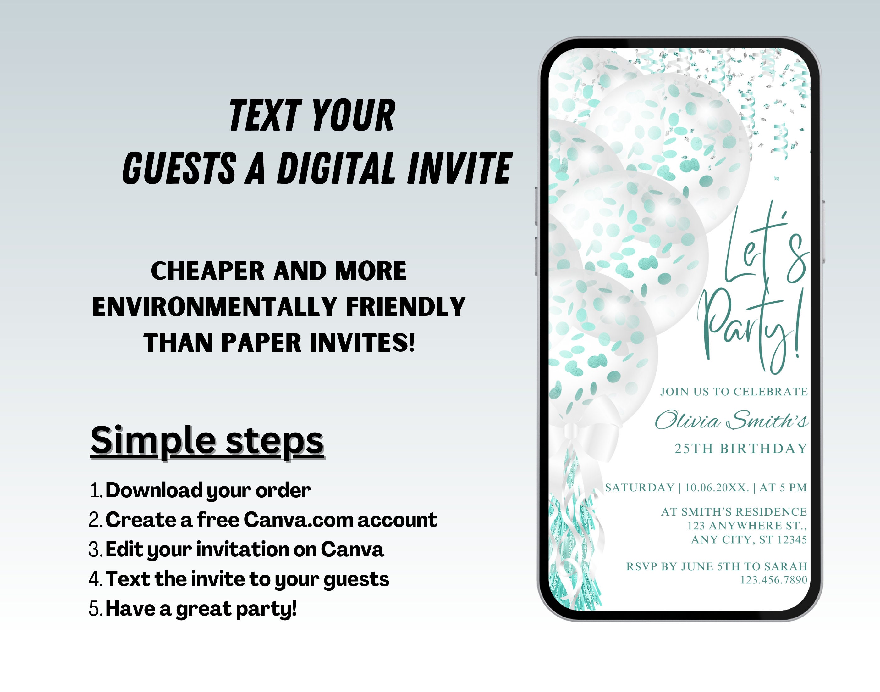 Editable White Turquoise Birthday Party Invitation Electronic - Etsy