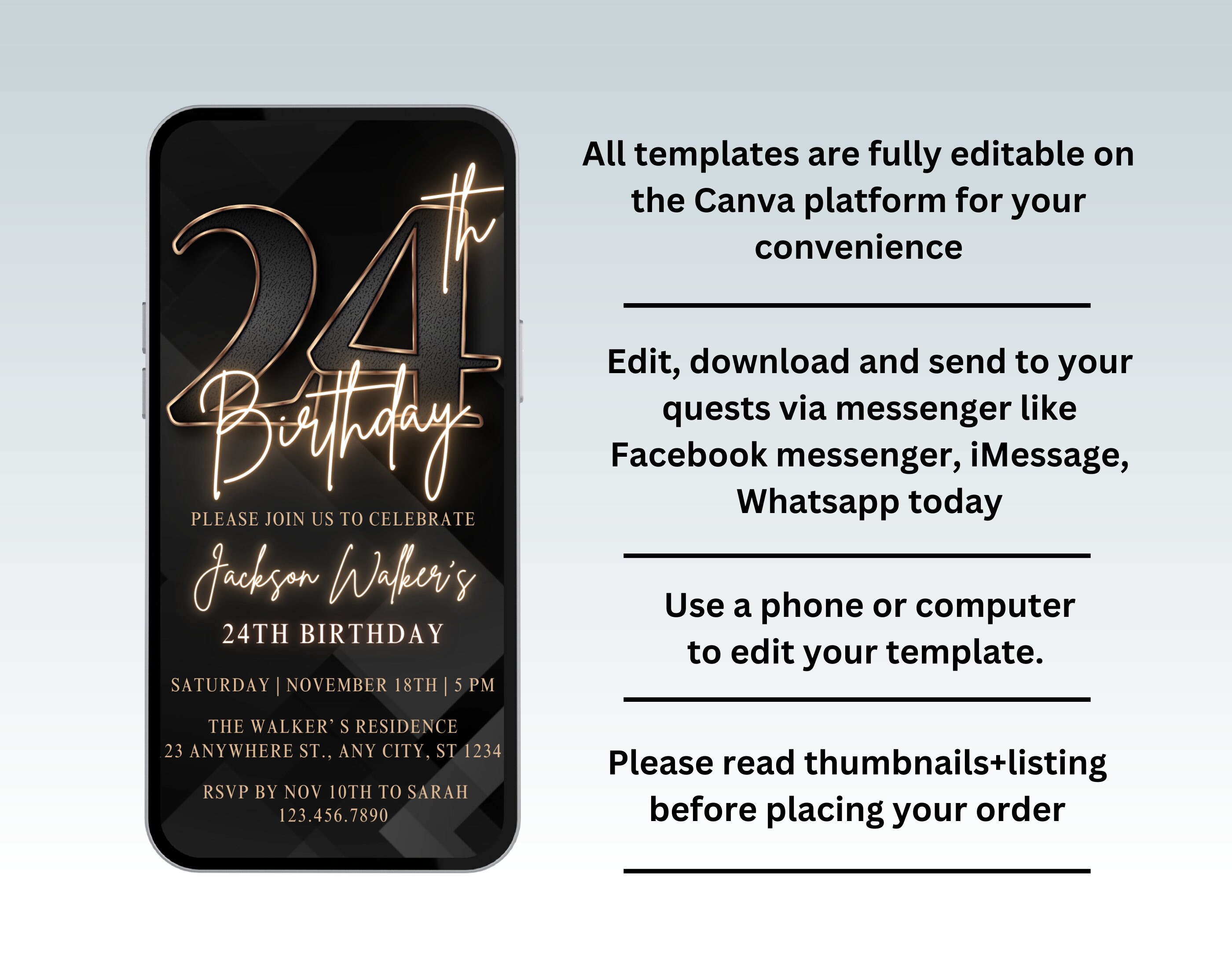 24th Birthday Invitation for Men, Black Gold Number Twenty Four Mobile ...