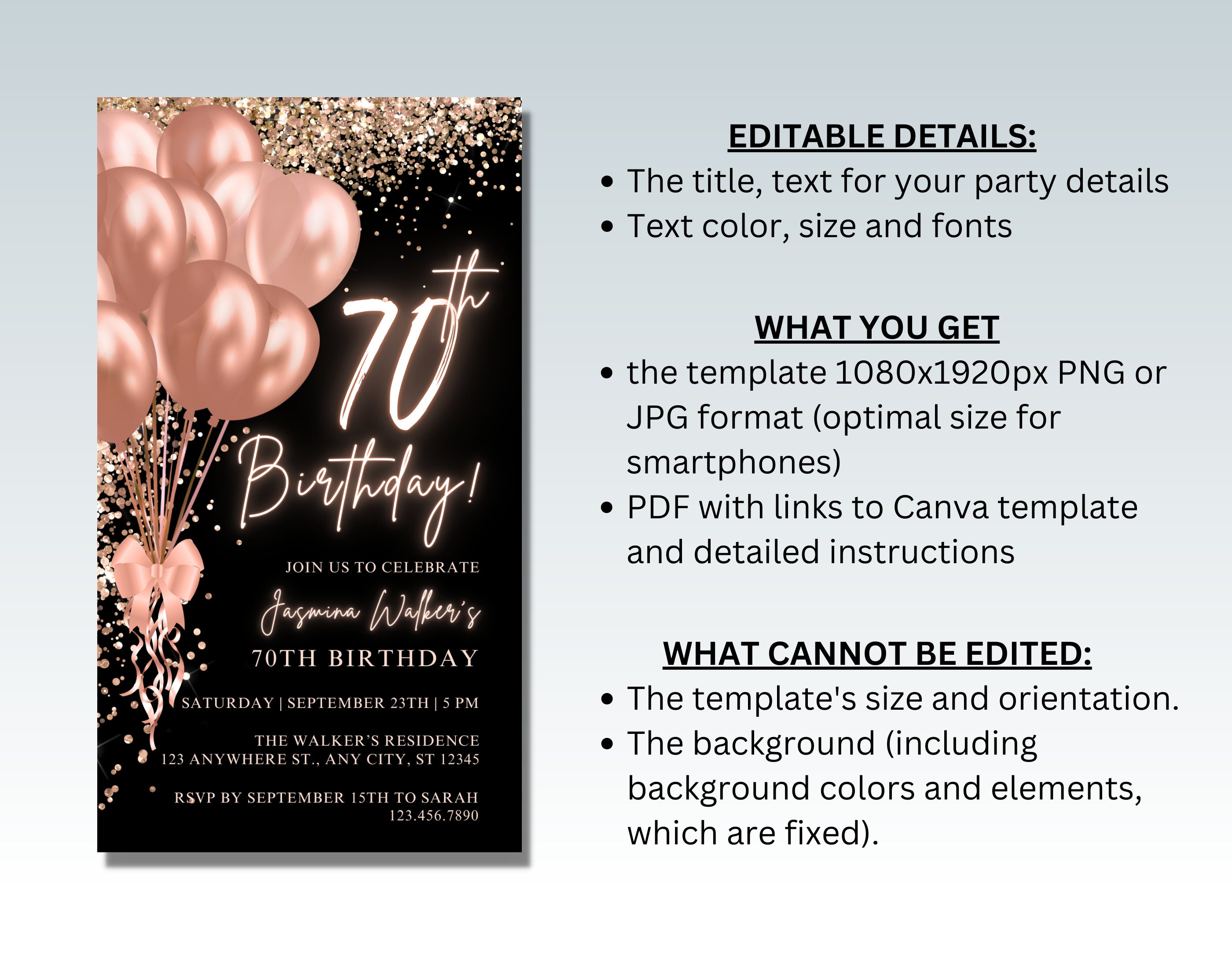 Digital 70th Birthday Party Invitation Black Rose Gold Phone - Etsy