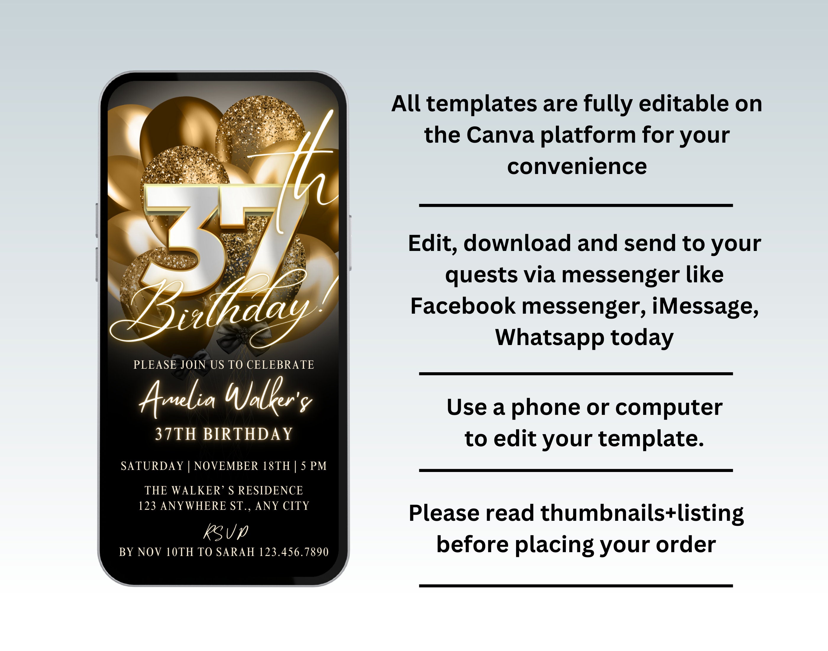 Digital 37th Birthday Party Invitation, Black Gold Invite, Invitation ...