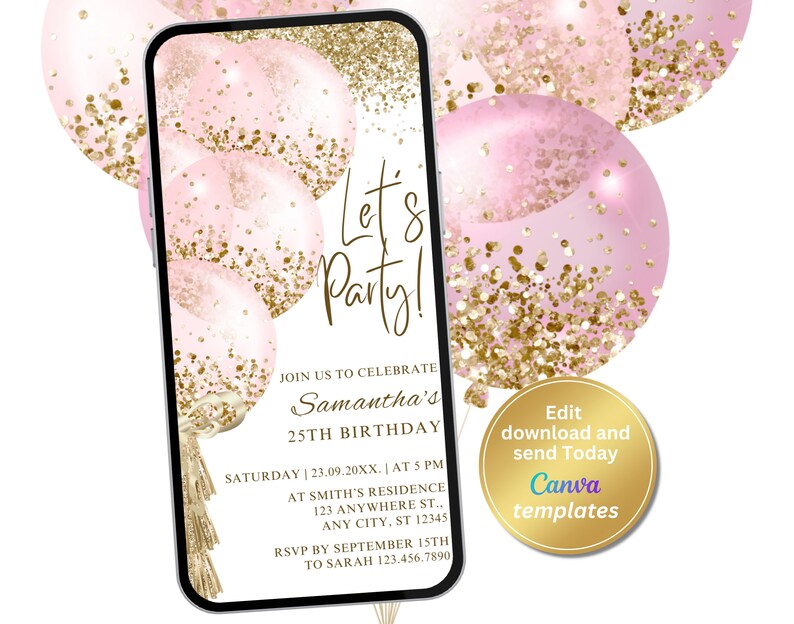 Digital Pink White Birthday Invitation Pink Gold (Download Now) - Etsy