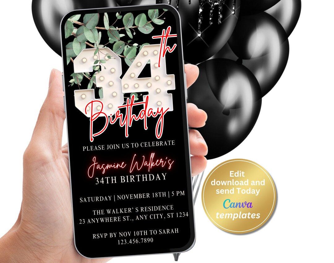 34th Birthday Invitation Template, Electronic 34th Birthday Evite ...