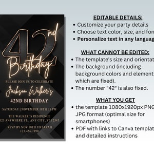 42nd Birthday Party Invitation, Black Gold Number Invite, for Men ...