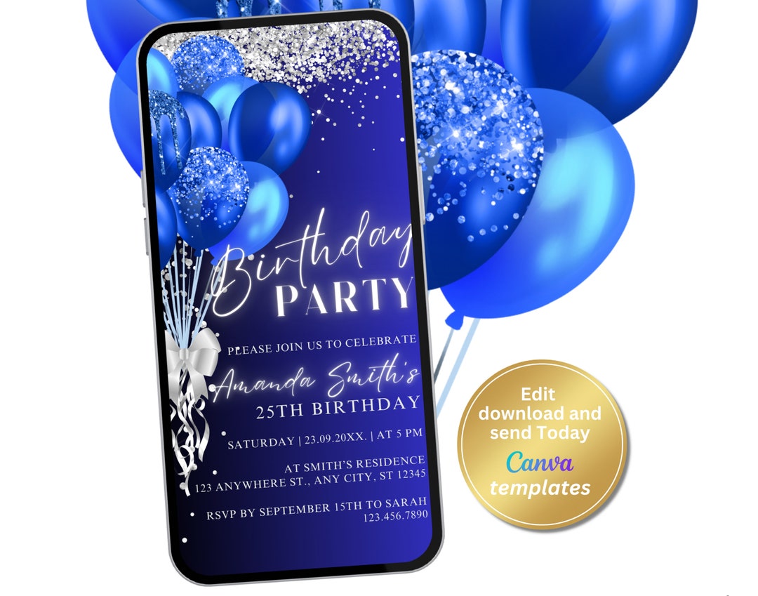 Digital Blue Birthday Party Invitation, Electronic Invite, Phone Text ...