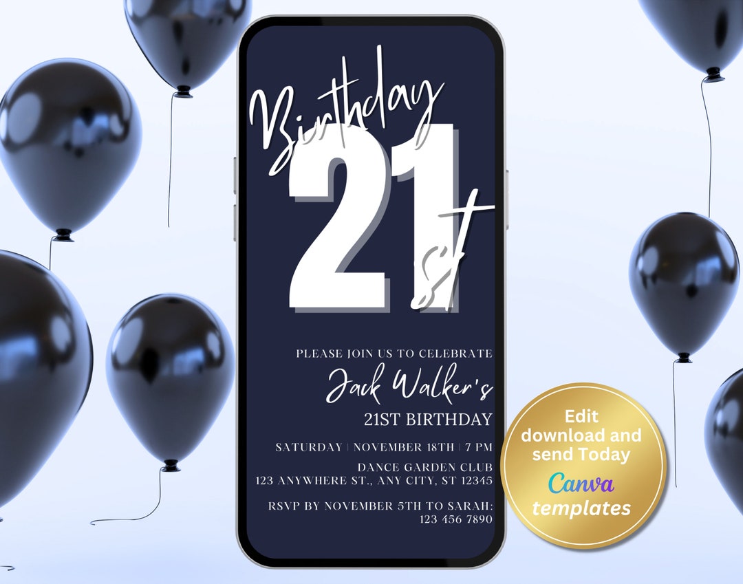Navy Blue Minimalist 21st Birthday Invitation for Men - Customizable ...