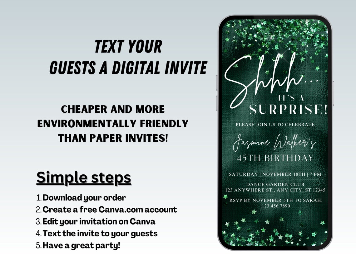 Emerald Green Surprise Birthday Invitation, Elegant Adult Party Invite ...