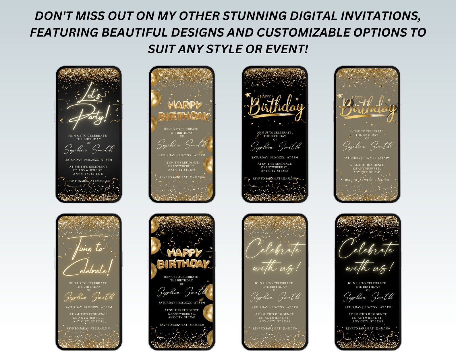 Digital Sage Green Birthday Party Invitation, Sage Green Gold, Phone ...