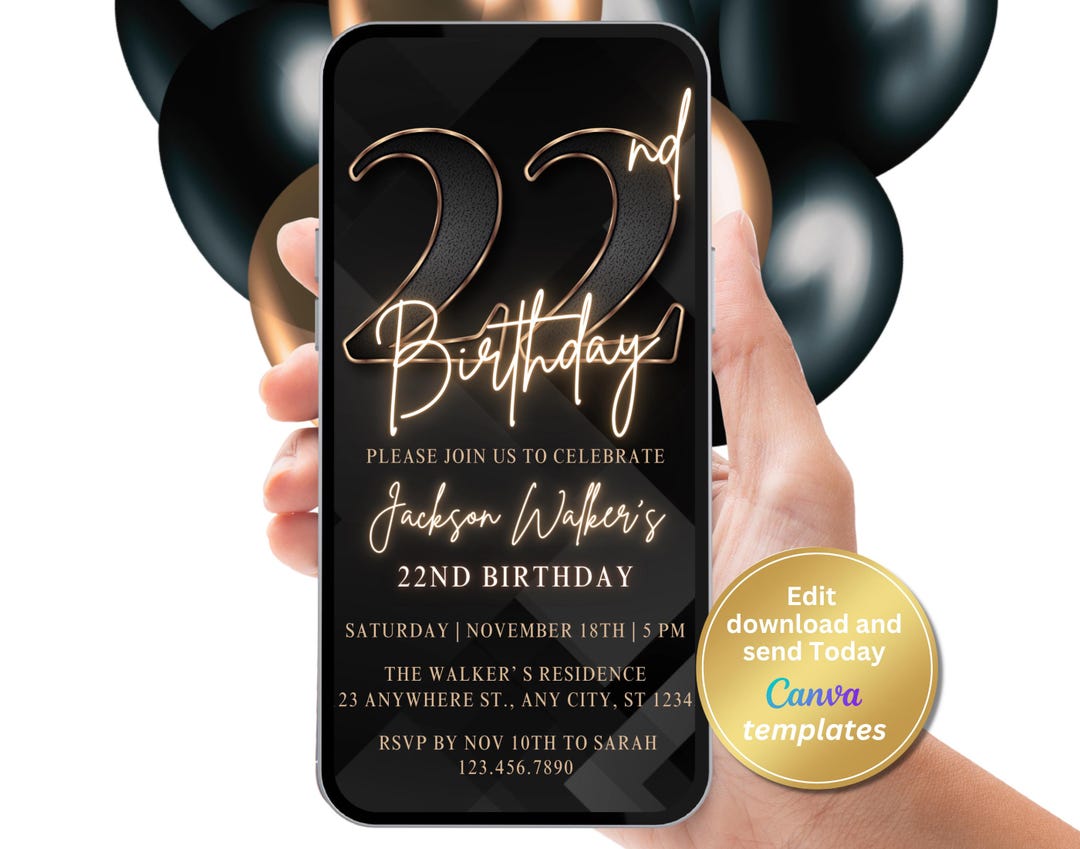 22nd Birthday Party Invitation, Black Gold Number Invite, for Men ...