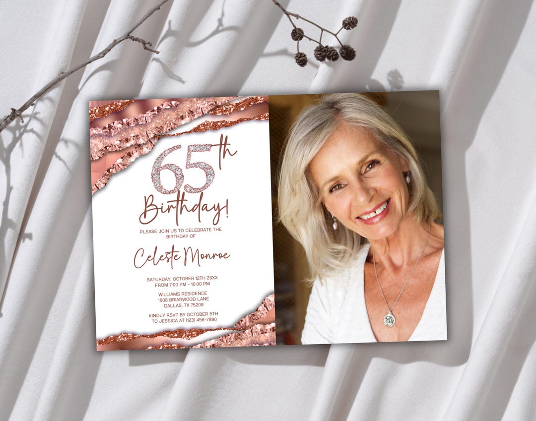 65th Birthday Invitation With Photo, Rose Gold Diamond 65 & Glam Tear ...