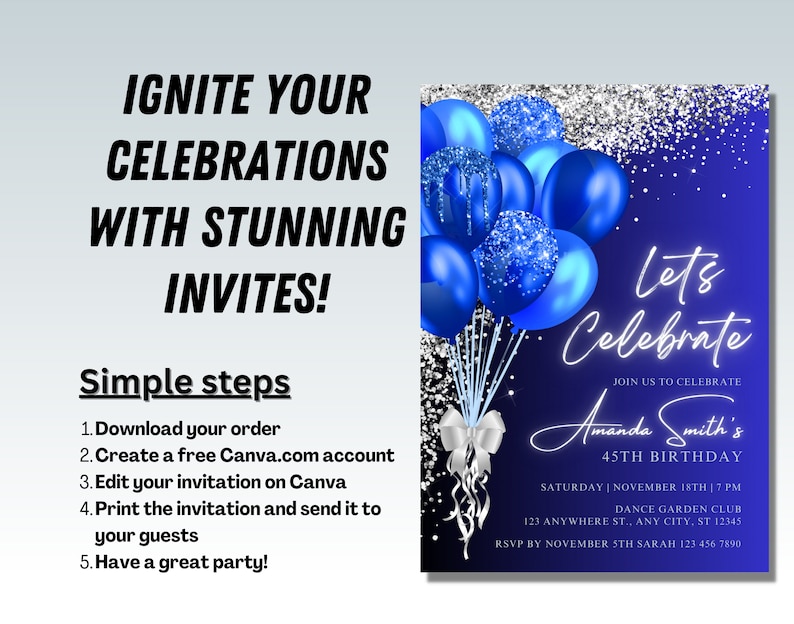 Editable Royal Blue Birthday Party Invitation, Printable 5x7 Invitation ...