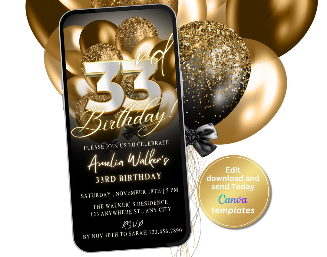 Digital 33rd Birthday Party Invitation, Black Gold Invite, Invitation ...