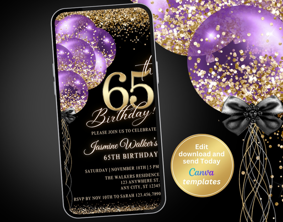 Digital 65th Birthday Party Invitation for Women, Black Purple Gold ...