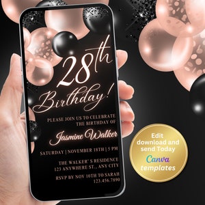 Digital 28th Birthday Invitation for Women, Black Rose Gold, Phone Text ...