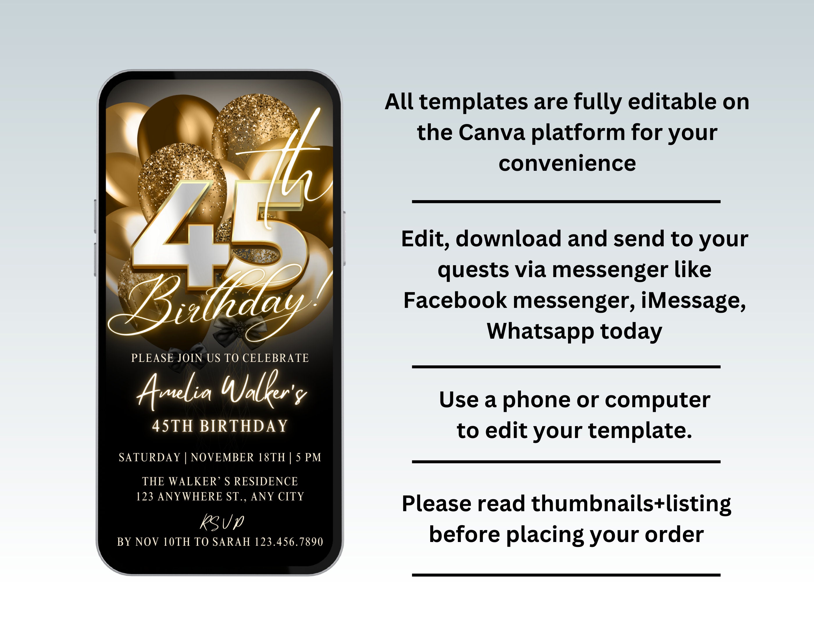 Digital 45th Birthday Party Invitation Black Gold Invite - Etsy