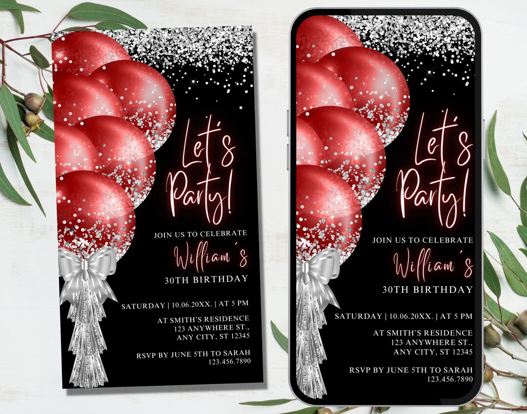 Digital Black Red Birthday Party Invitation Red Silver - Etsy