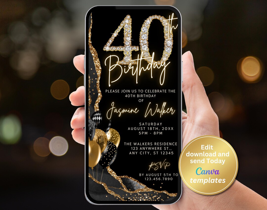 40th Birthday Invitation for Women – Gold Diamond Number 40 – Black ...