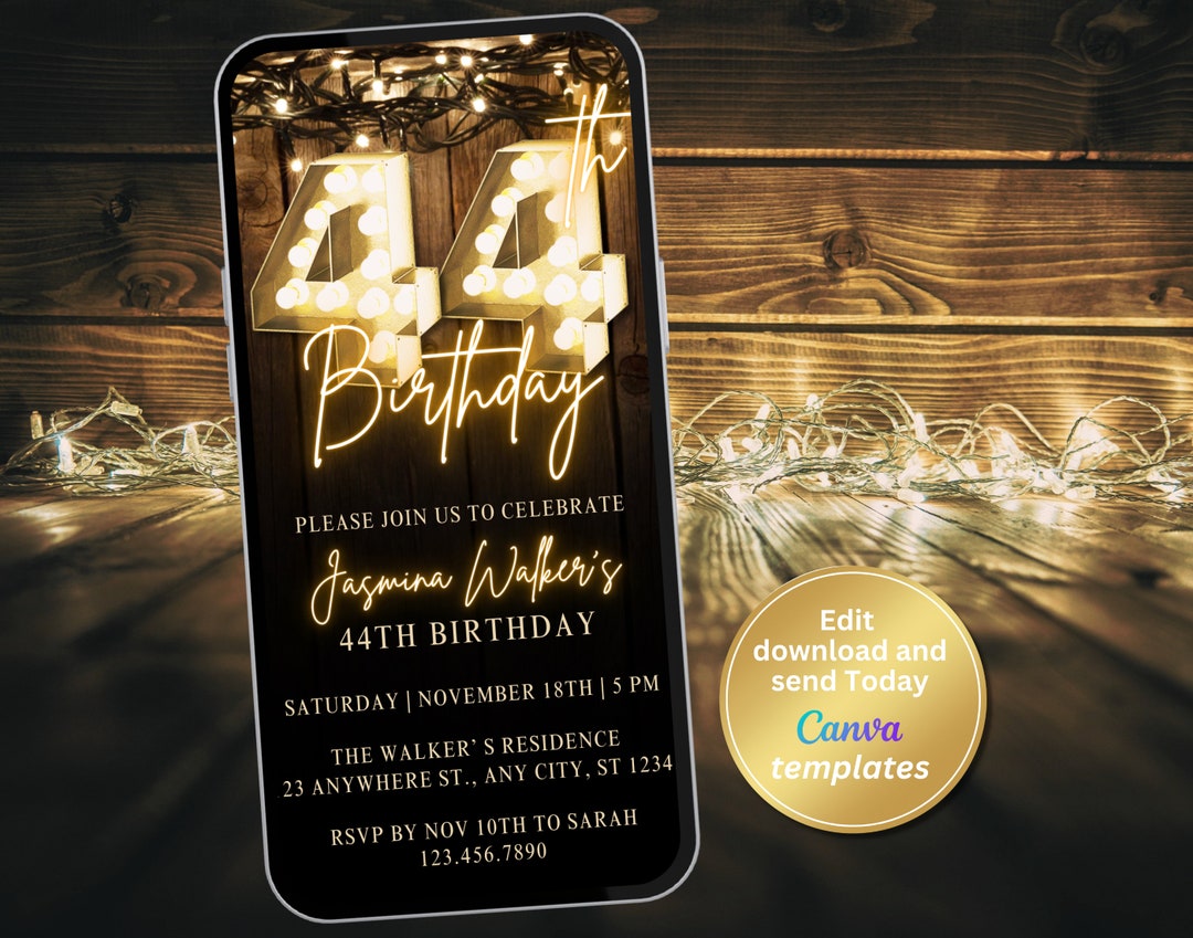 44th Birthday Party Invitation, Marquee Number Invite, Black Gold ...