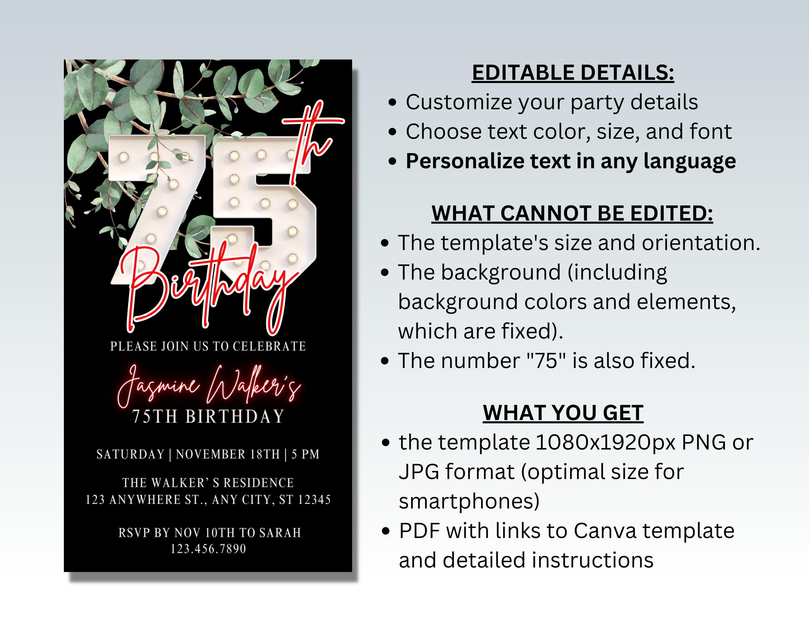 75th Birthday Invitation Template Electronic 75th Birthday - Etsy