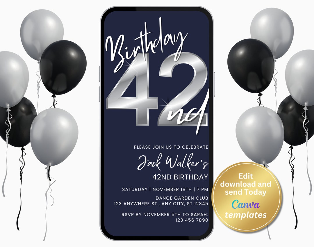 Editable Digital 42nd Birthday Invitation With Navy Blue Background ...