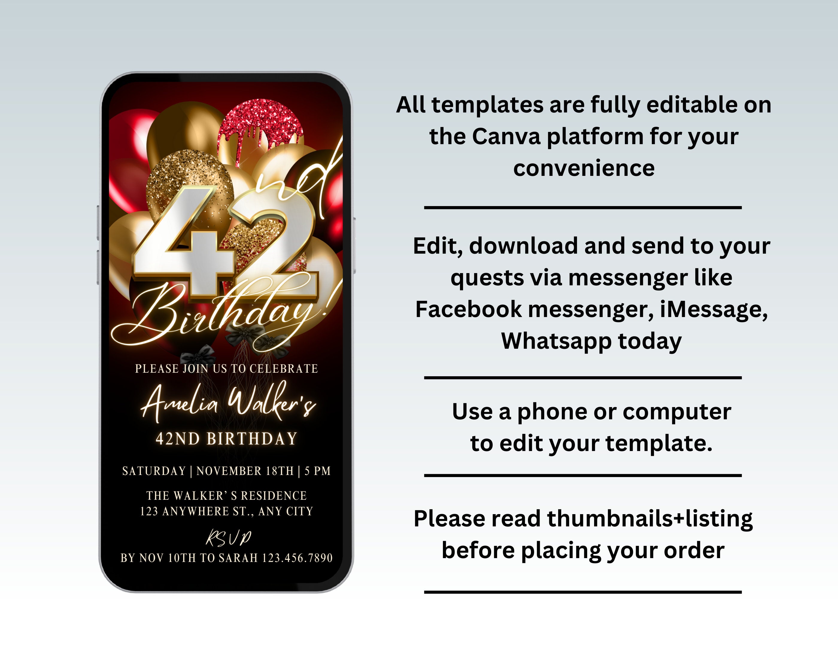 Digital 42nd Birthday Party Invitation for Women, Red Gold Invite ...