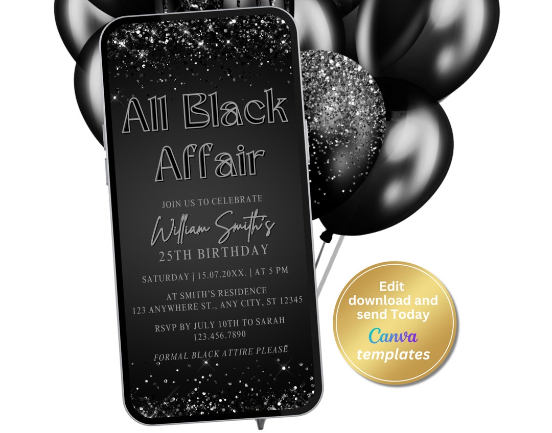 Digital All Black Affair Invitation, All Black Party Invitation, Black ...