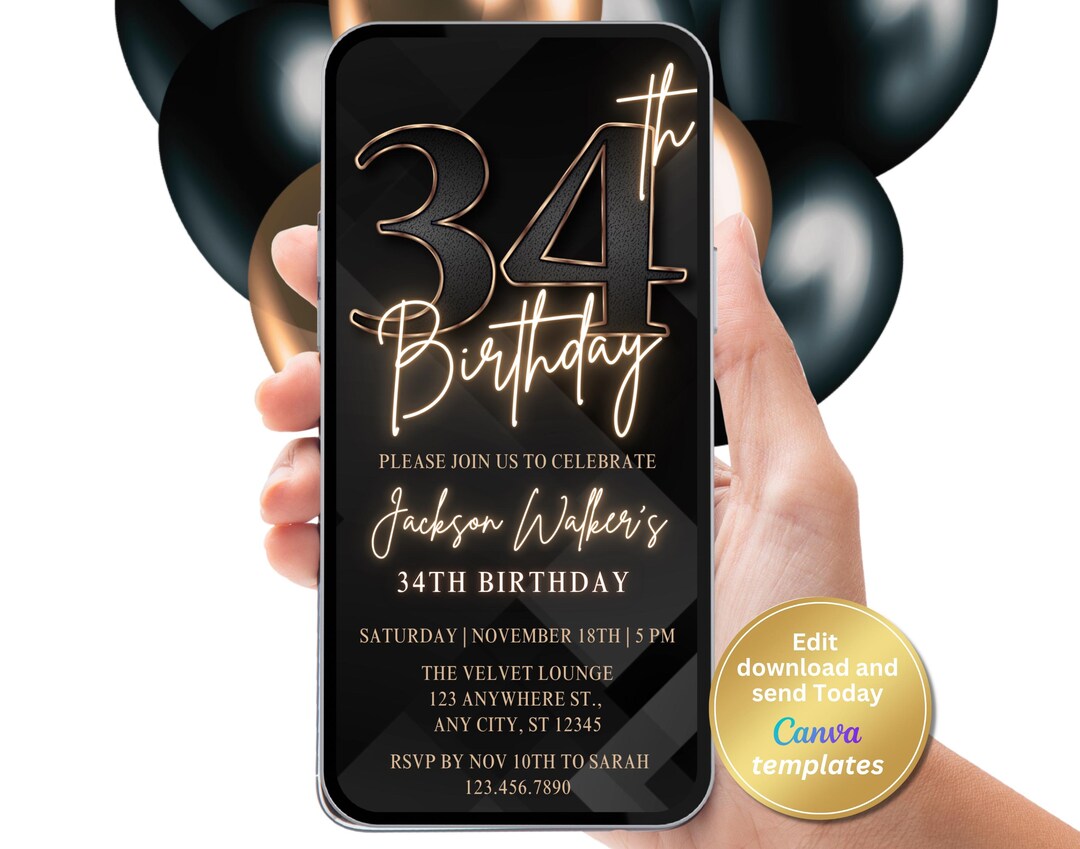 34th Birthday Invitation for Men, Black Gold Number Design, Editable ...