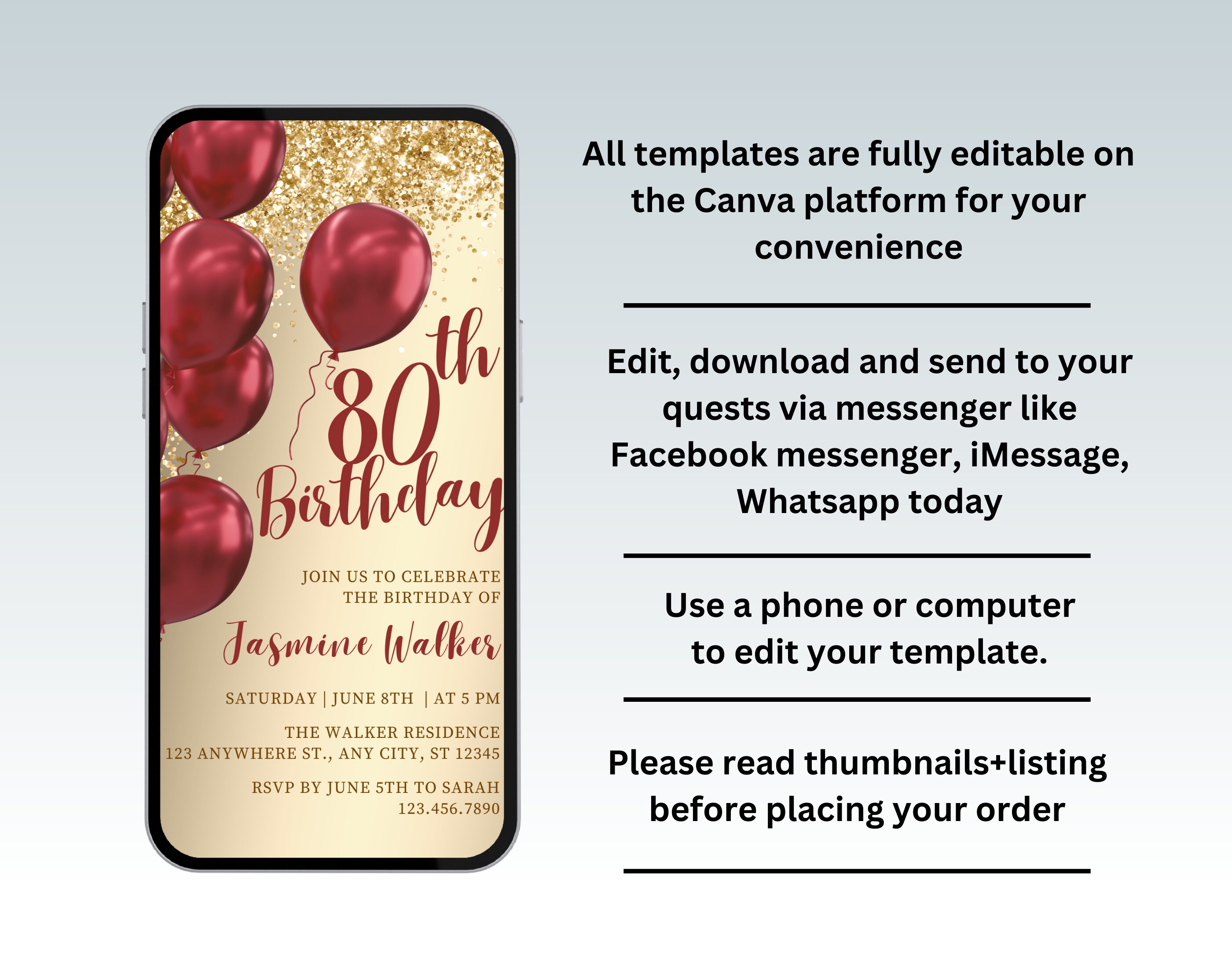 Digital 80th Birthday Party Invitation, Red and Gold Invite, Digital ...