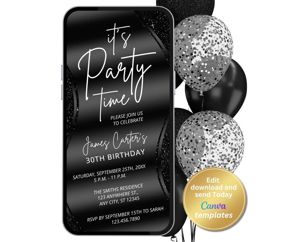 Black Birthday Invitation Template, Editable Canva Invite (digital ...